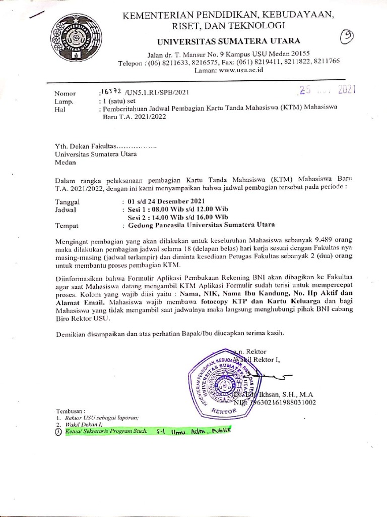 Surat Pemberitahuan Jadwal Pembagian KTM | PDF