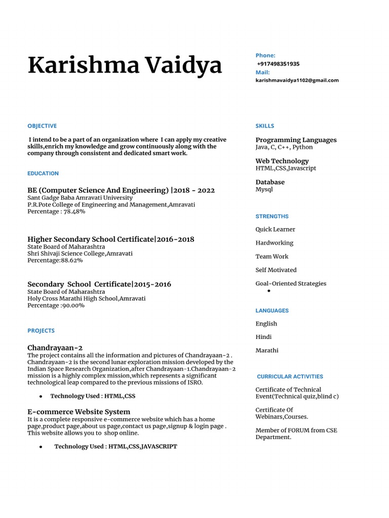 Karishma Vaidya Resume | PDF