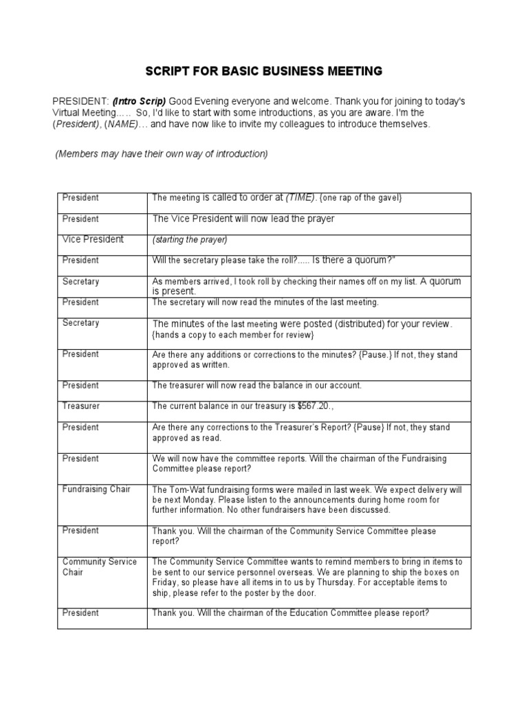 Basic Business Meeting Script | PDF