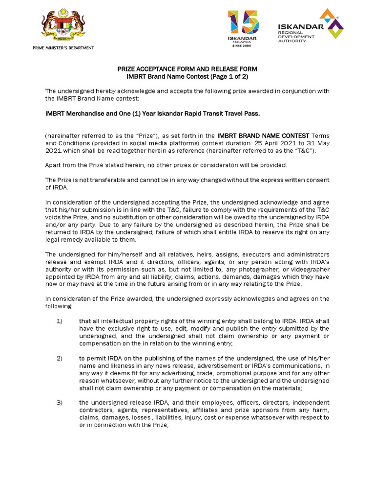 Prize Acceptance Form and Release Form (Consolation) | PDF | Common Law ...