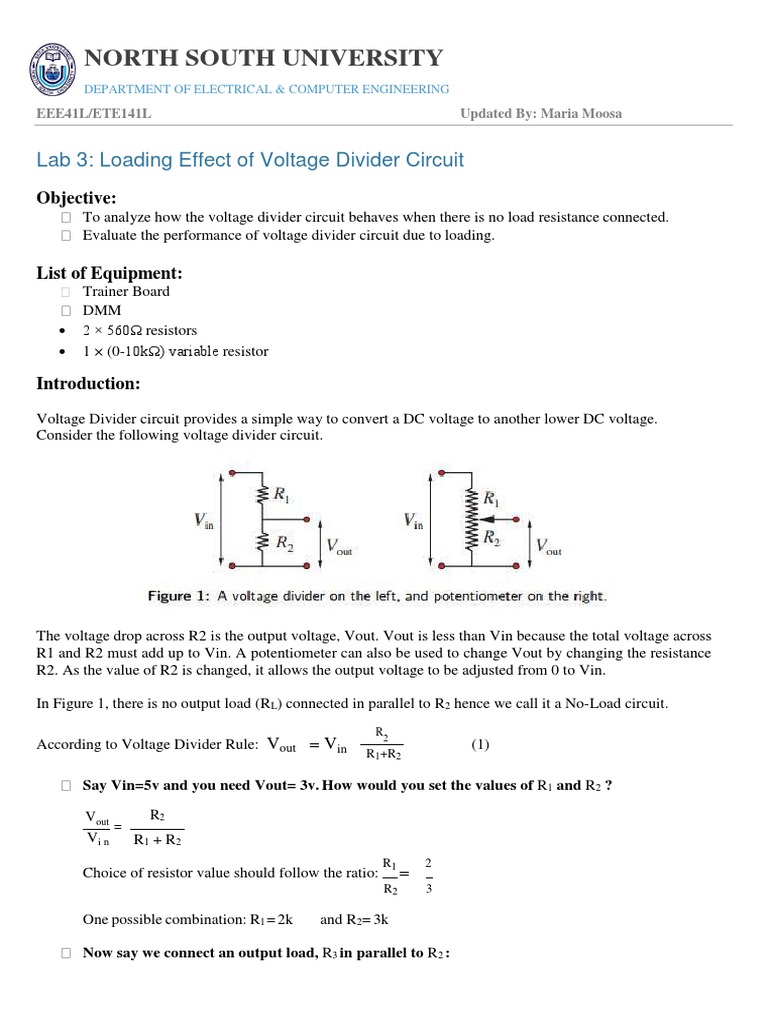 North South University: Lab 3: Loading Effect of Voltage Divider ...
