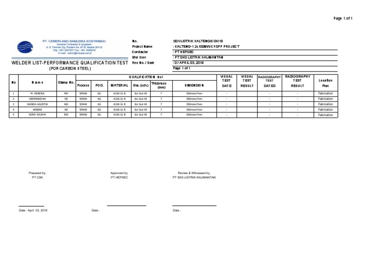 Welder List-Performance Qualification Test | PDF