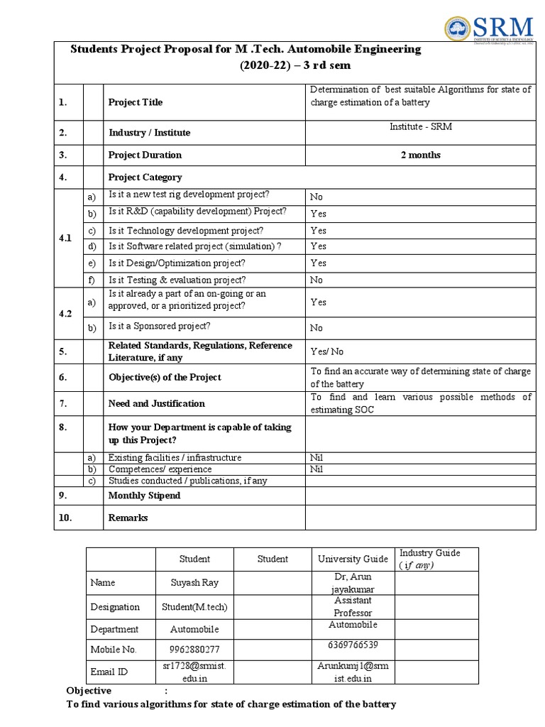Students Project Proposal For M .Tech. Automobile Engineering (2020-22 ...
