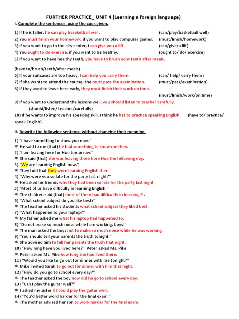 Further Practice Answers for Unit 4 | PDF