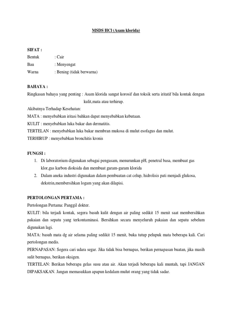MSDS HCl dan NaOH: Bahaya dan Pertolongan | PDF | Memasak, Makanan ...
