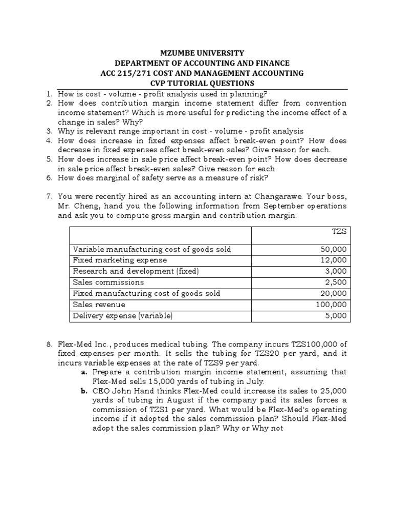 Mzumbe University Department of Accounting and Finance Acc 215/271 Cost ...