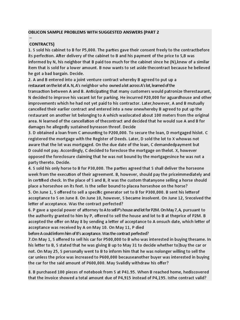 Analysis of Sample Contract Law Problems and Suggested Answers | PDF ...