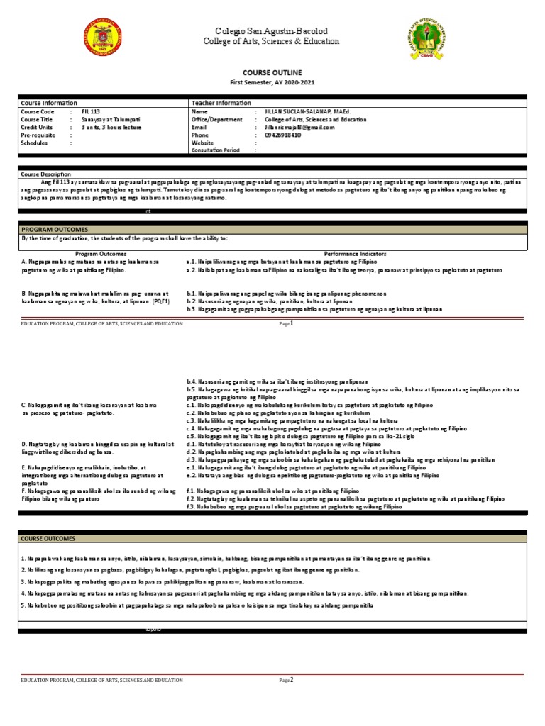 Course Outline-Sanaysay at Talumpati | PDF