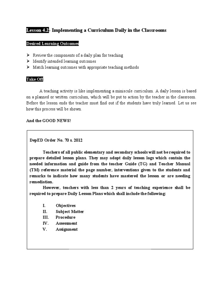 Implementing A Curriculum Daily in The Classrooms: Lesson 4.2 | Download Free PDF | Lesson Plan ...