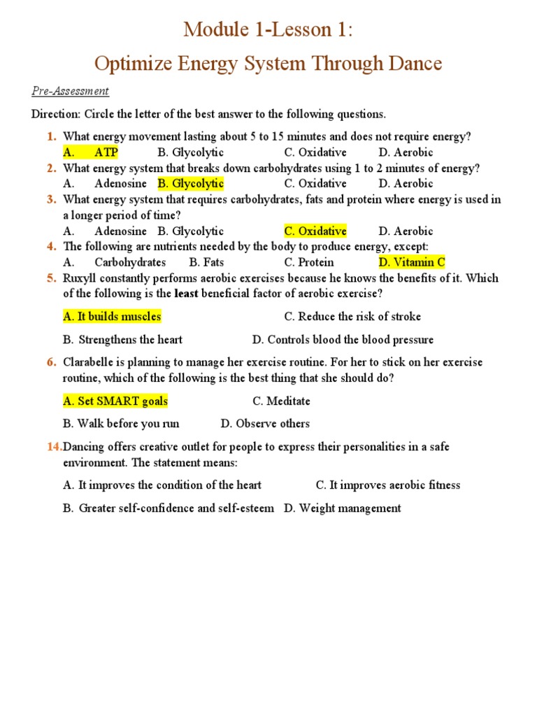 Module 1-Lesson 1: Optimize Energy System Through Dance: Pre-Assessment | PDF | Adenosine ...