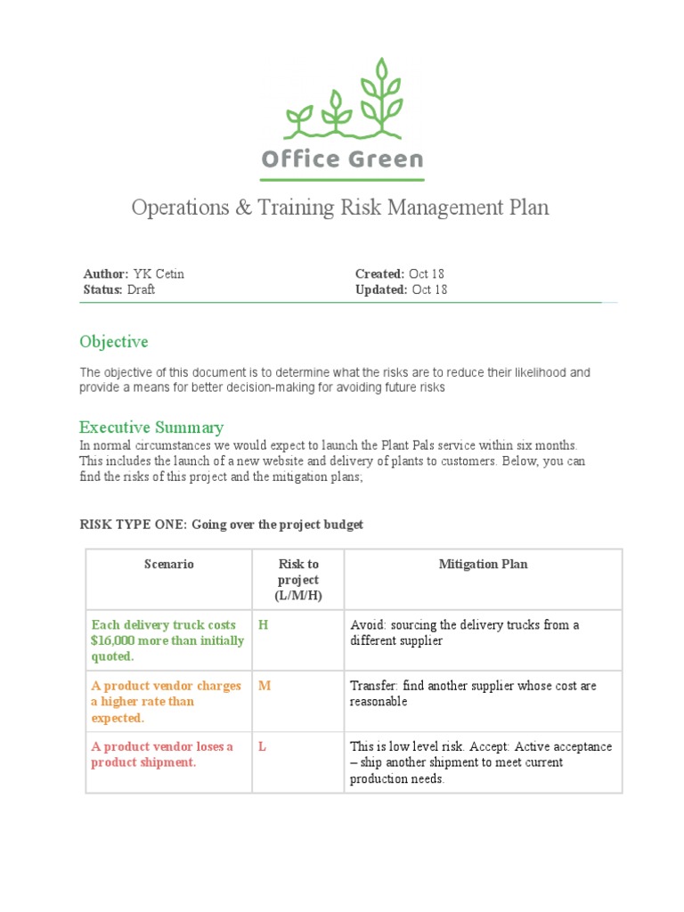Operations & Training Risk Management Plan: Objective | Download Free ...