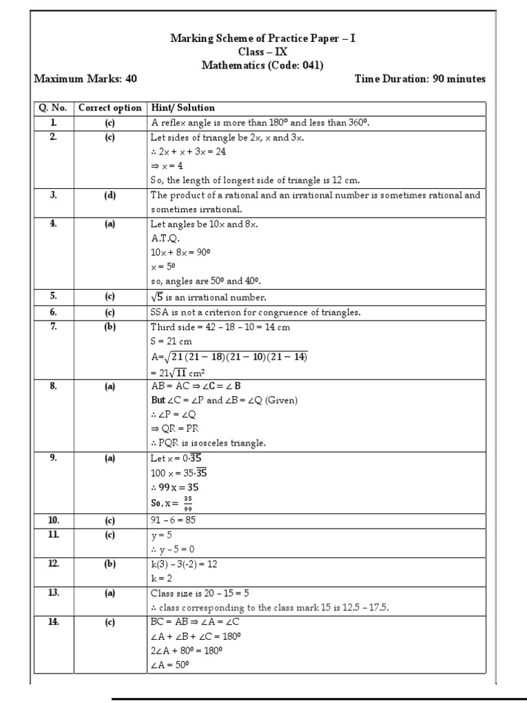 9 Maths Sample Paper 1 Answers | PDF | Triangle | Mathematics