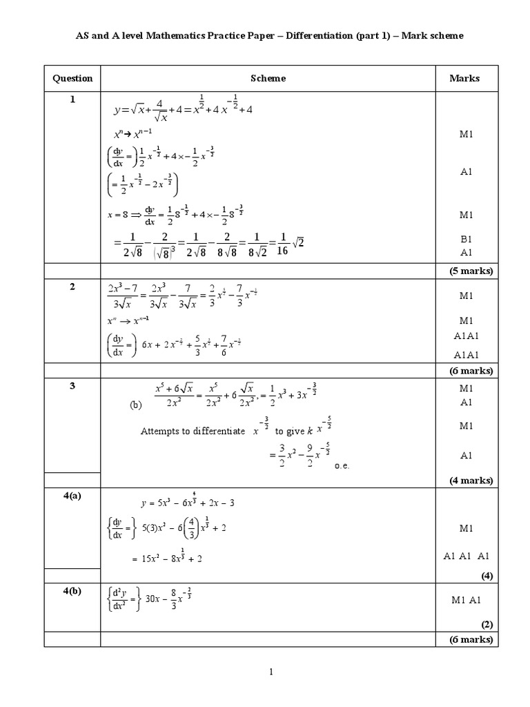 AS Mathematics - Practice Paper - Differentiation (Part 1) MS | PDF ...