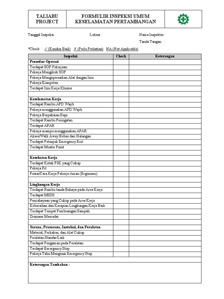 Form Inspeksi Umum Keselamatan Pertambangan | PDF