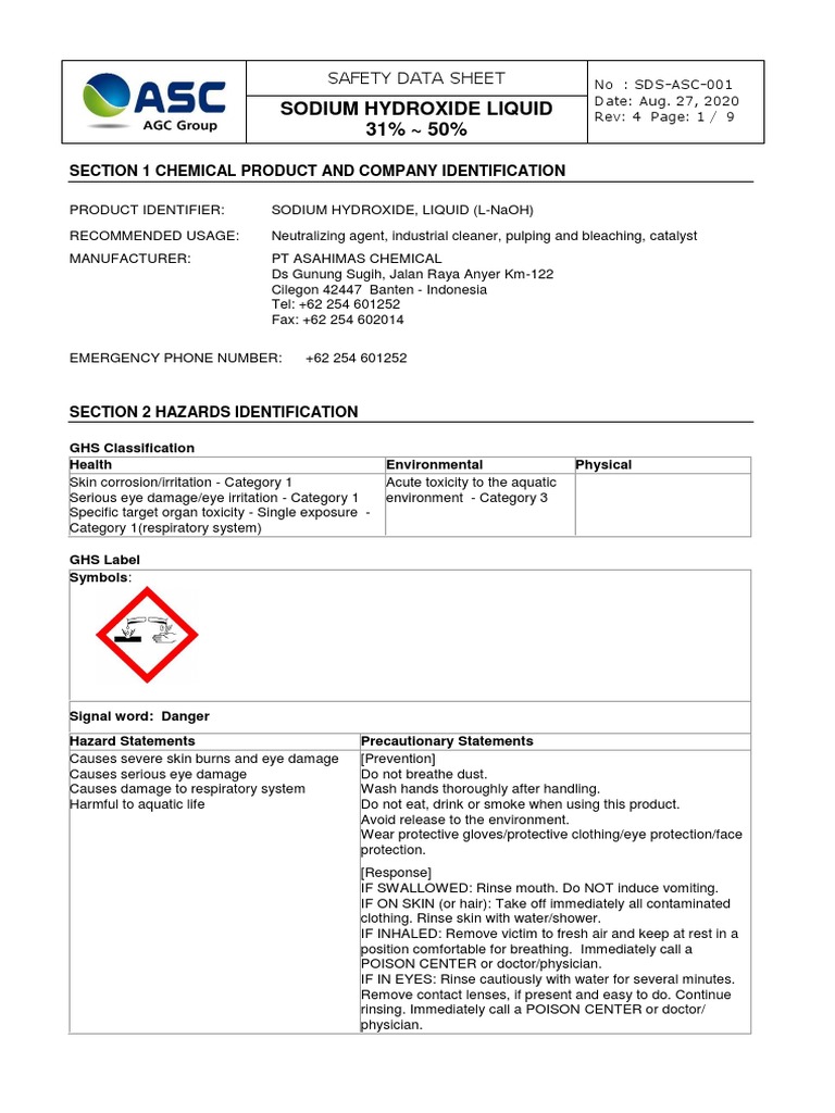 Sodium Hydroxide Liquid 31% 50%: Safety Data Sheet | PDF | Dangerous ...
