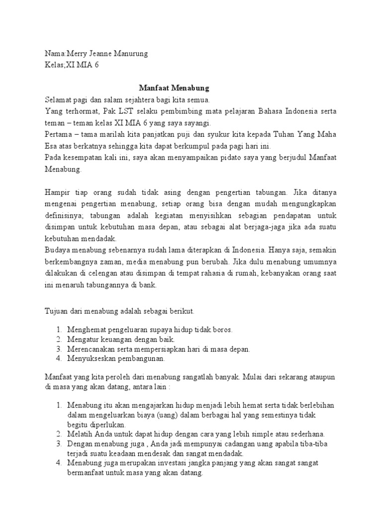 Pidato Singkat: Manfaat Menabung | PDF