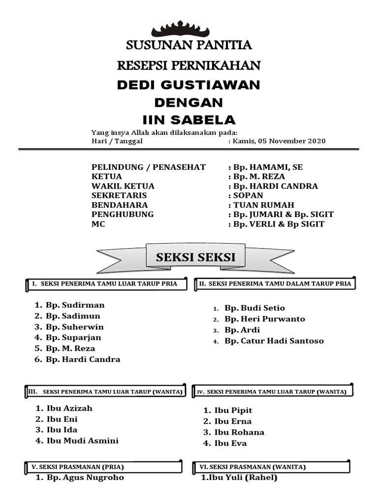 Susunan Panitia Resepsi Pernikahan | PDF Susunan Panitia Resepsi Pernikahan | PDF