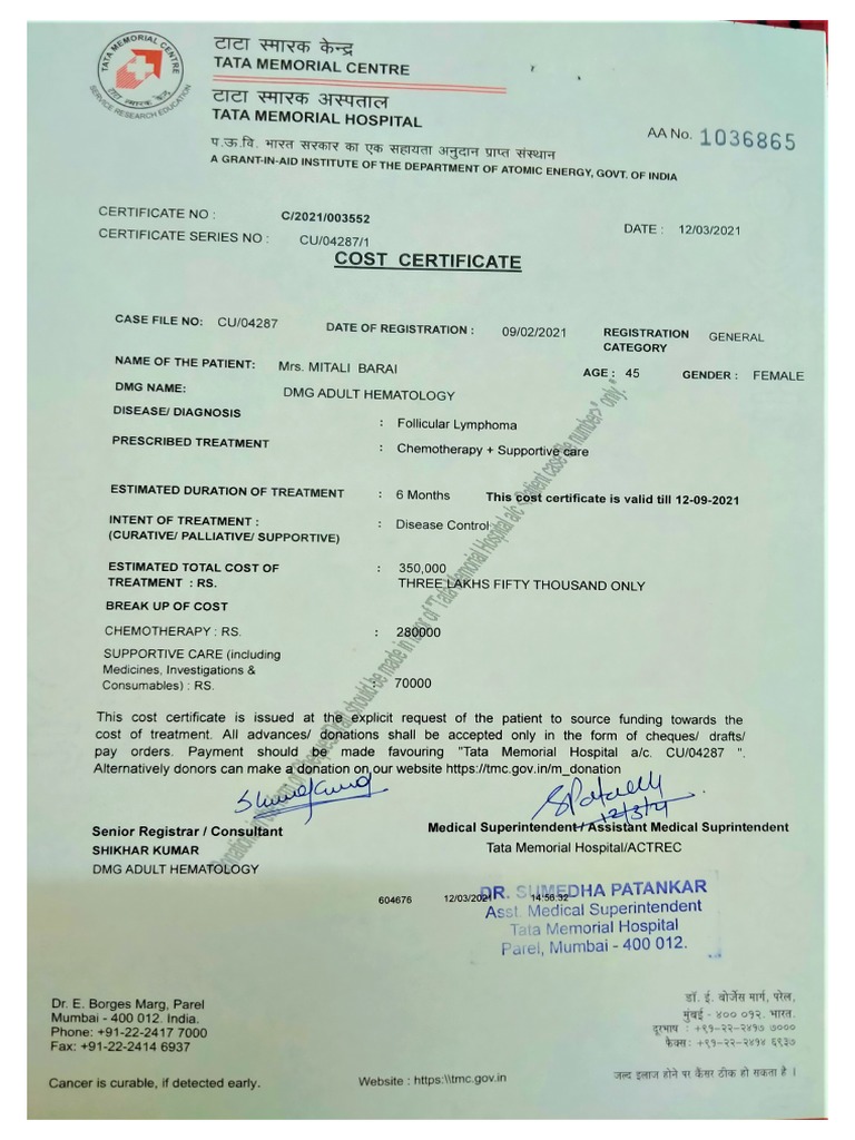 Cost Certificate Tata Memorial | PDF