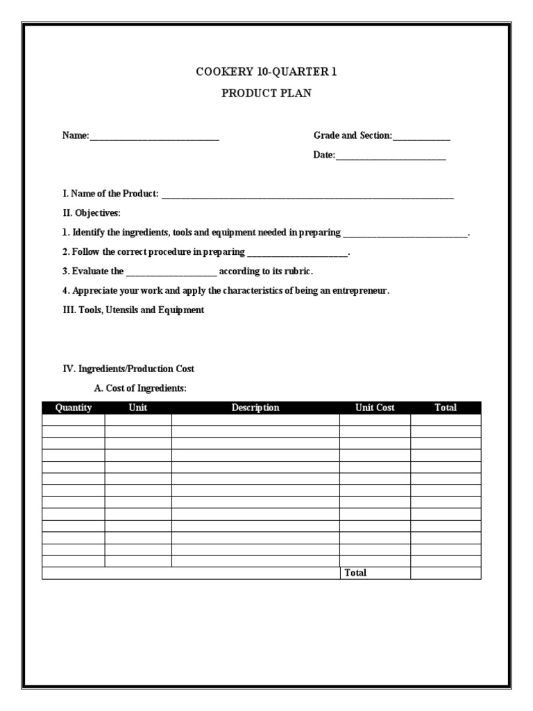 Product Plan for Cookery Quarter 1: An Analysis of the Objectives ...