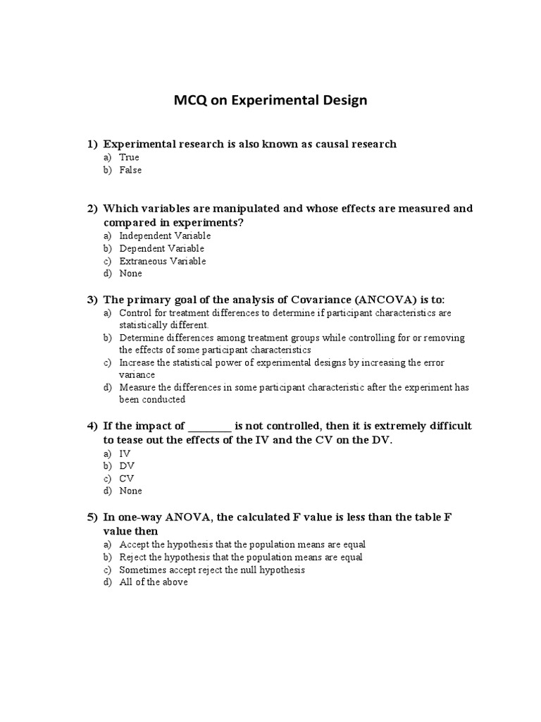 MCQ On Experimental Design | PDF | Analysis Of Covariance | Dependent ...