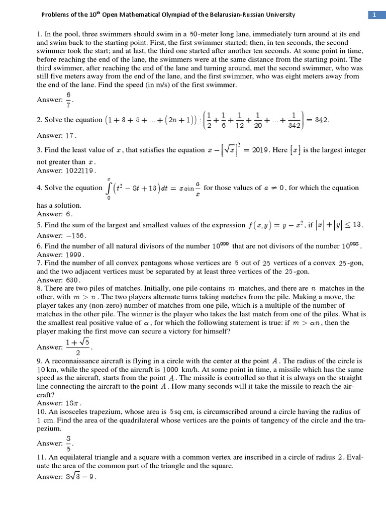 Problems of The 10 Open Mathematical Olympiad of The Belarusian-Russian ...
