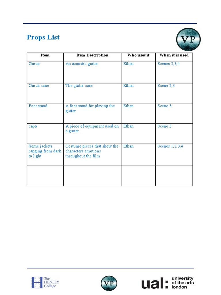 Props List for Film Production | PDF