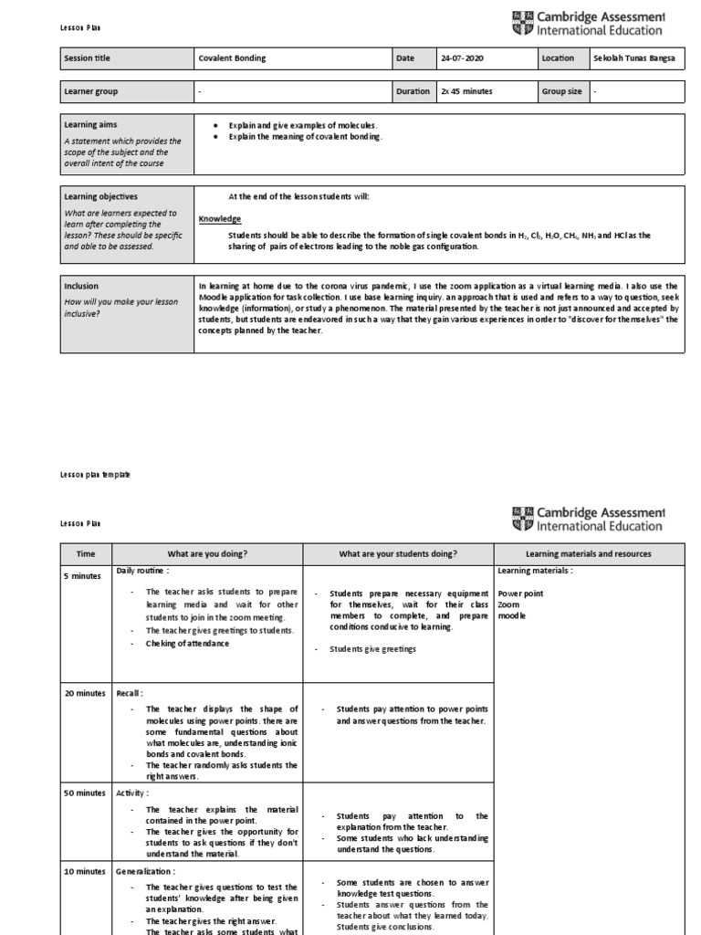 Covalent Bonding Lesson | PDF | Chemical Bond | Lesson Plan