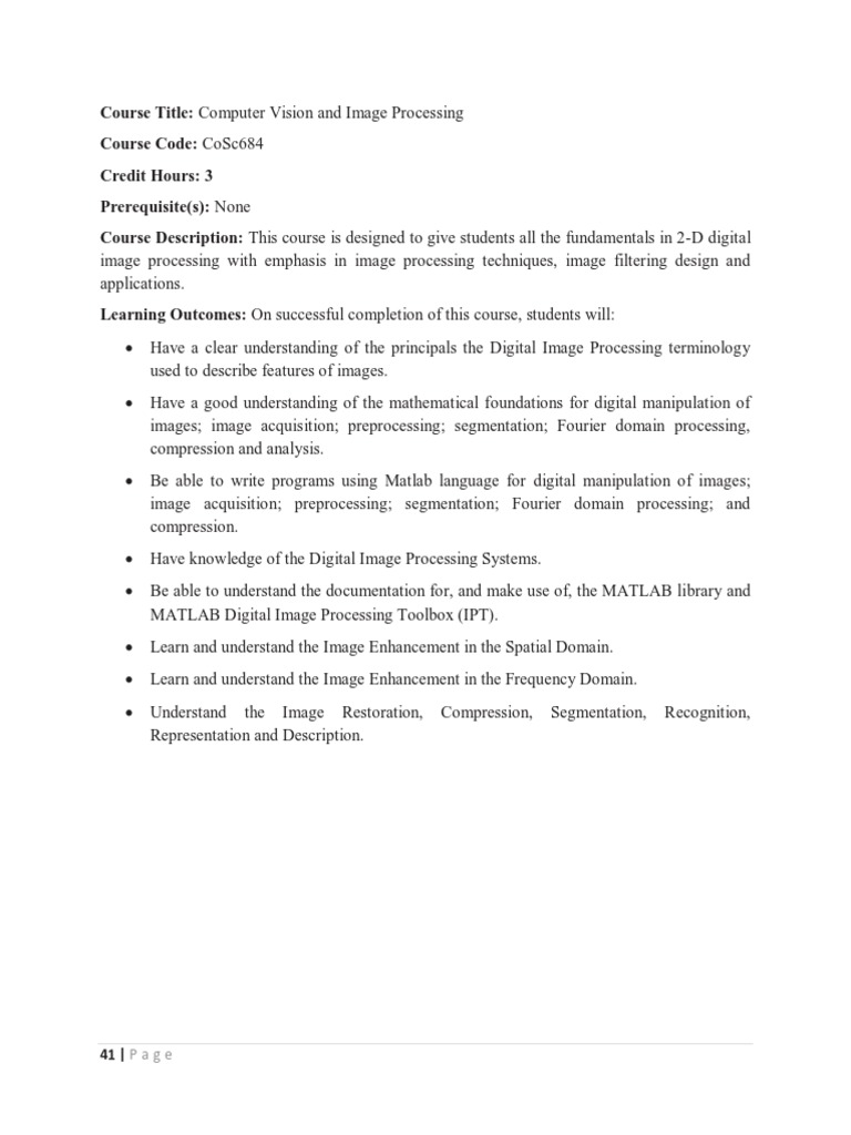 CoSc684 Computer Vision and Image Processing Course Outline | PDF ...