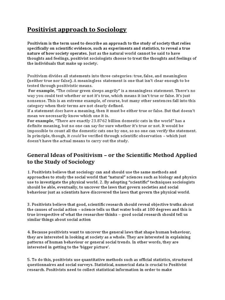 Positivist Approach To Sociology | PDF | Positivism | Sociology