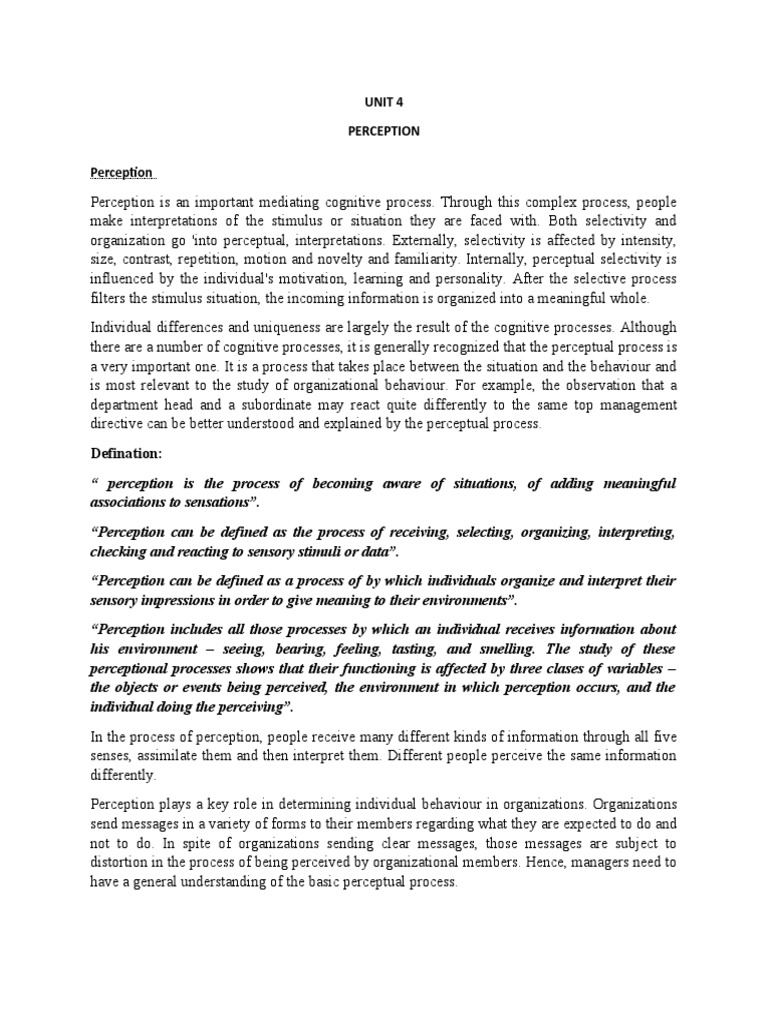 Unit 4 Perception Perception: Defination | Download Free PDF | Perception | Stereotypes