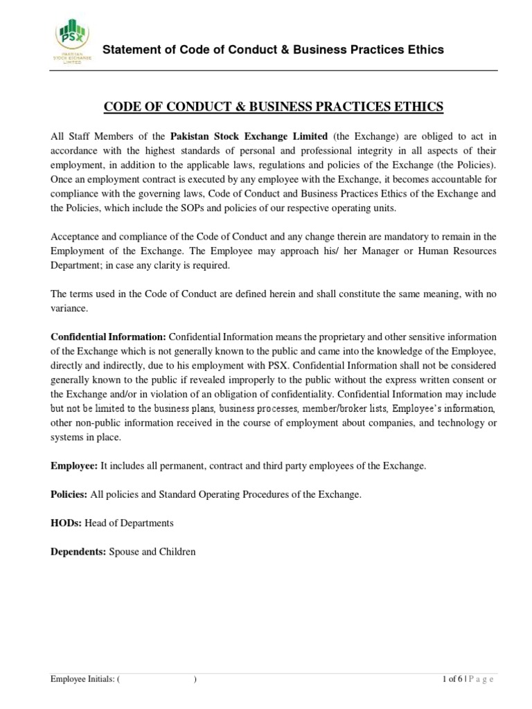 PSX Code of Conduct Overview | PDF | Business Ethics | Employment