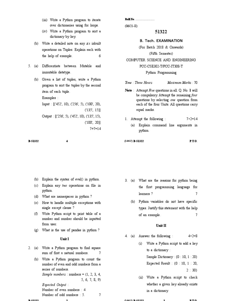 Roll No. ......................... : B. Tech. Examination | PDF ...