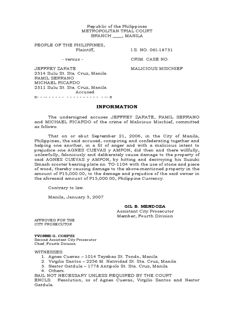 Malicious MISCHIEF Complaint | PDF | Prosecutor | Bail
