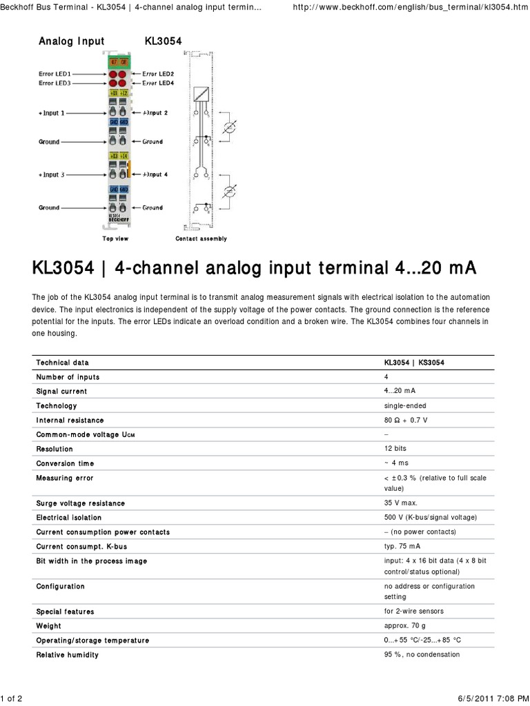 Beckhoff Bus Terminal - KL3054 - 4-Channel Analog Input Terminal 4 20 ...