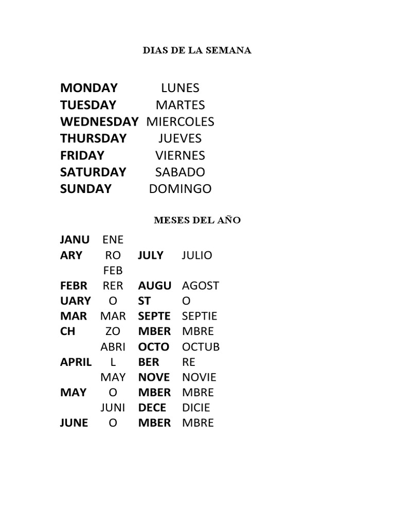 Dias de La Semana y Meses Del Año | PDF