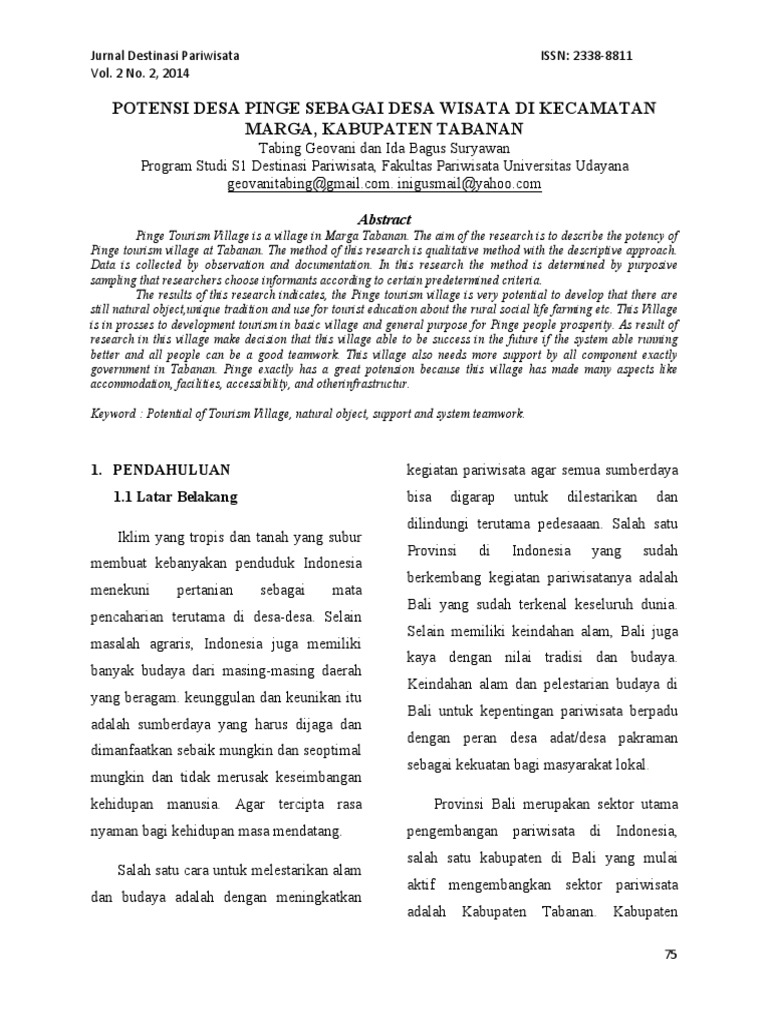 Potensi Desa Pinge Sebagai Desa Wisata Di Kecamatan Marga, Kabupaten ...