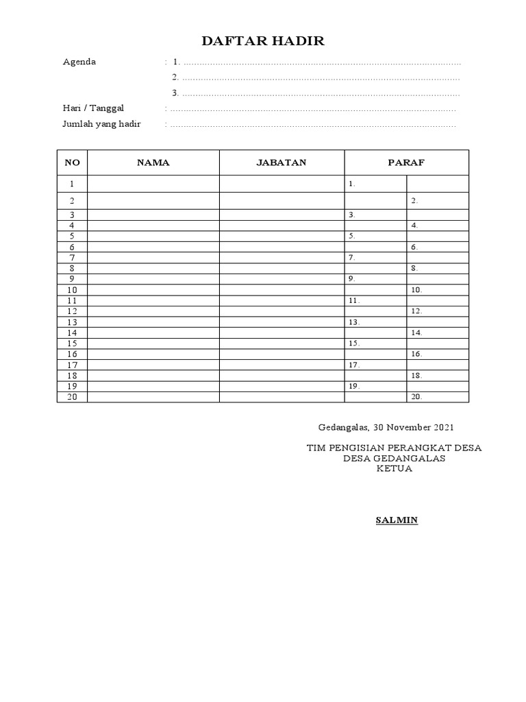 Contoh Format Daftar Hadir Rapat | PDF