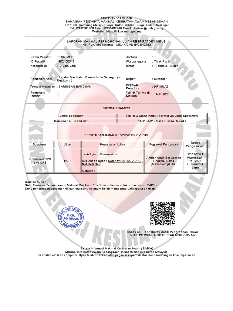 Cetakan Laporan Makmal MKAK - CVD19 - 21 - 12283. (Imbas QR Code ...