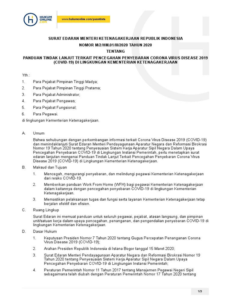 Surat Edaran Menteri Ketenagakerjaan Nomor M 2 HM 01 III 2020 Tahun ...