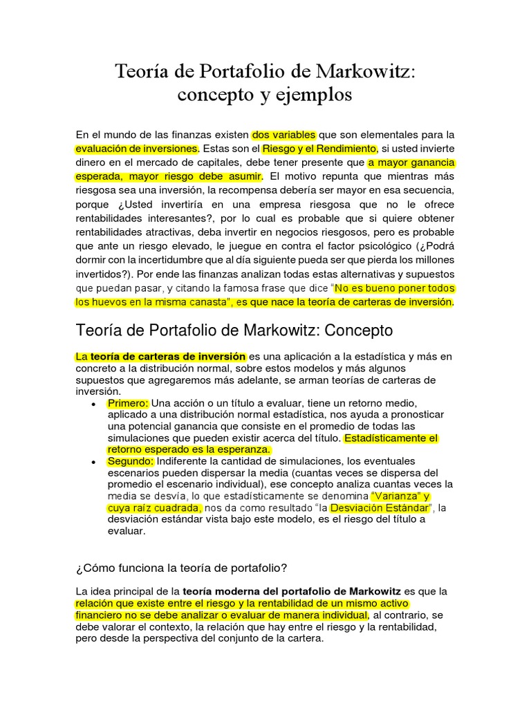 Teoría de Portafolio de Markowitz | PDF | Portafolio (Finanzas) | Teoría moderna de la cartera