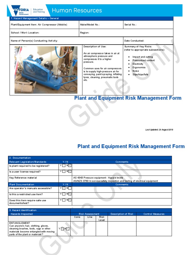 Plant and Equipment Risk Management Form: 1. Hazard Management Details ...