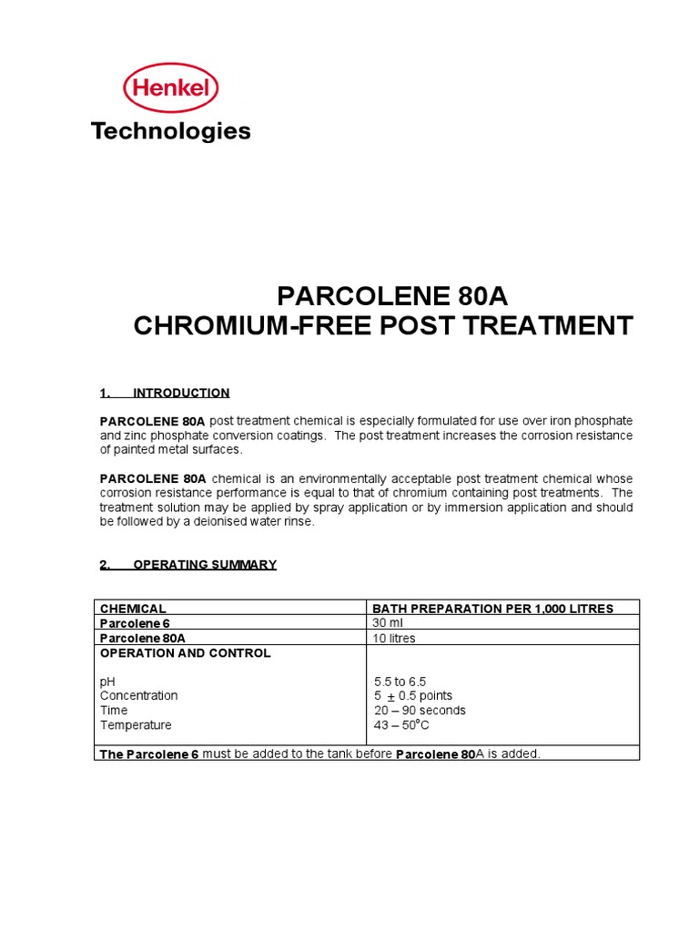 Parcolene 80A Chromium-Free Post Treatment: Technical Bulletin | PDF ...