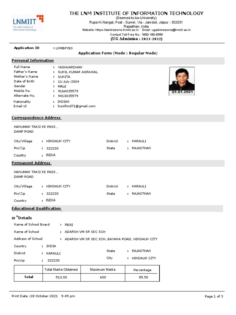 LNMIIT UG Admission Form 2021 | PDF | Electronic Engineering | Engineering