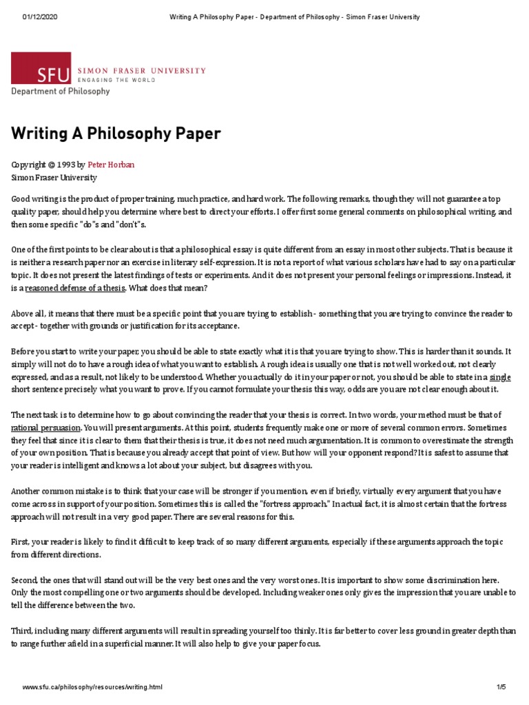 Writing A Philosophy Paper - Department of Philosophy - Simon Fraser ...