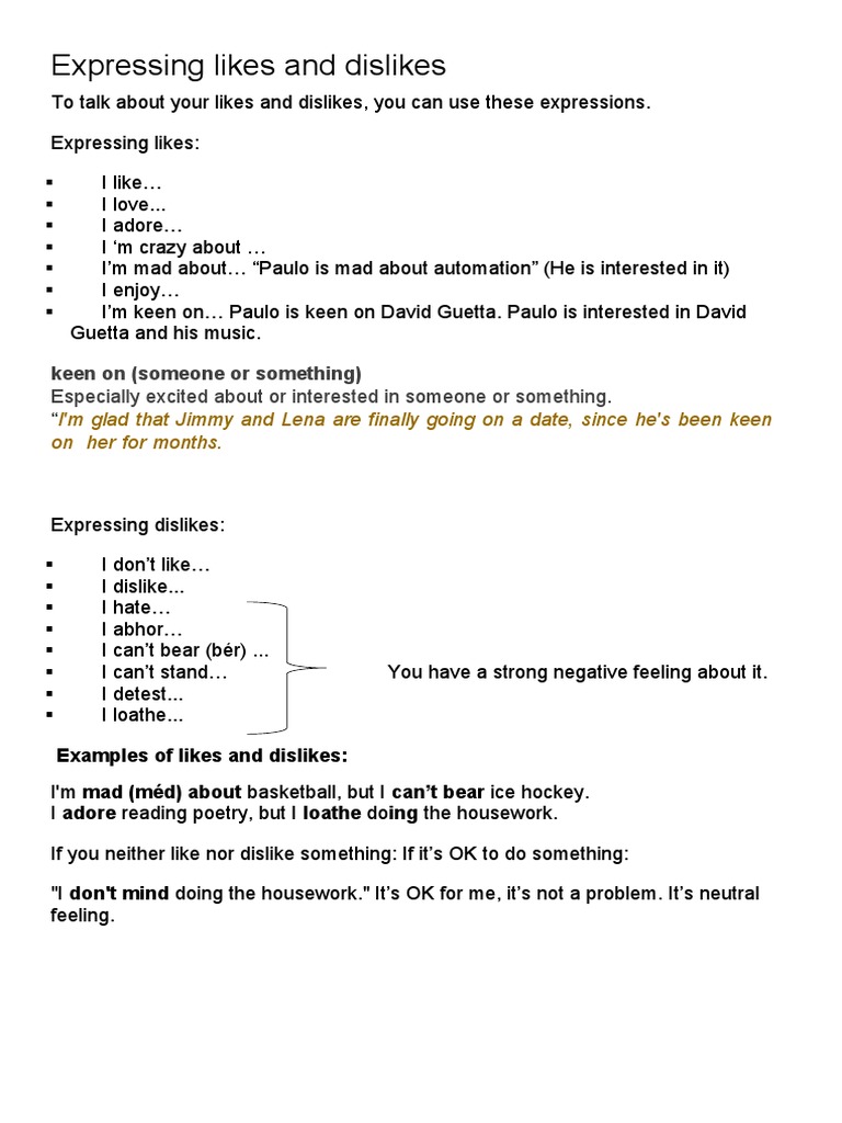 Expressing likes and dislikes in English with common phrases | PDF