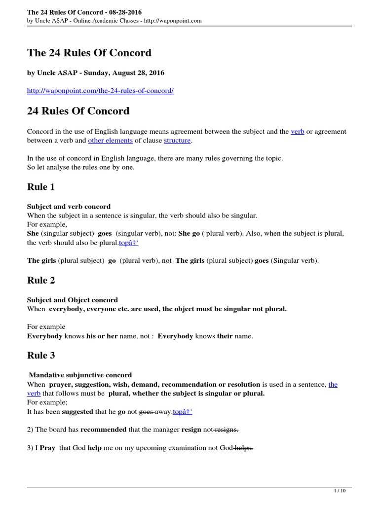 24 Rules of Concord Explained | PDF | Grammatical Number | Plural