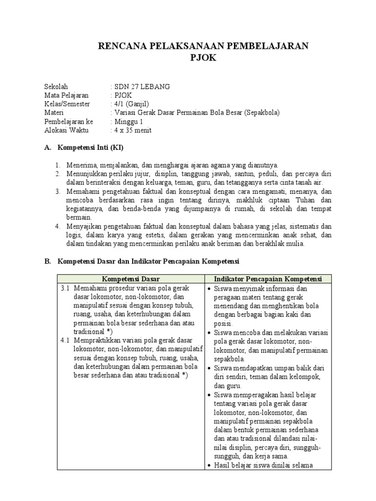 RPP Pjok Kelas IV Semester 1 | PDF | Karier & Perkembangan