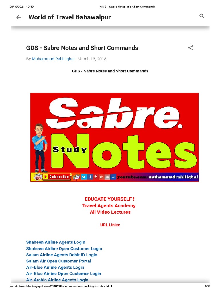 GDS - Sabre Notes and Short Commands | PDF | Airlines | Travel Visa