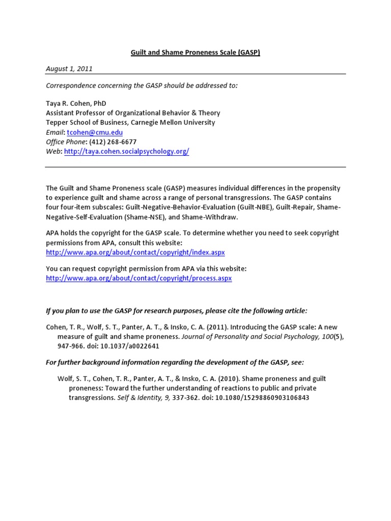 Guilt Shame Proneness Gasp Scale Aug 2011 | PDF | Shame | Behavioural ...