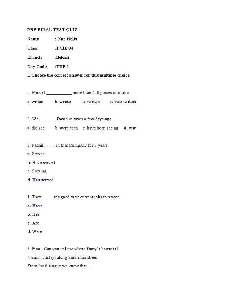 Pre Final Test Quiz Tue 1 | PDF